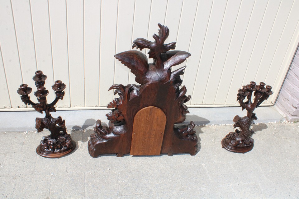 Majestical XXL BLACK FOREST wood carved clock mantel set hunting dog ...