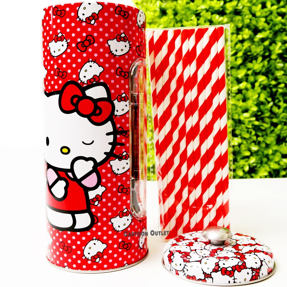 Sanrio Hello Kitty TIN STRAW HOLDER Dispenser With 20 STRAWS ...