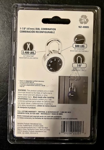 Brinks Padlock 7/8 “ Reconfigurable Combination Lock Cut Resistant ...