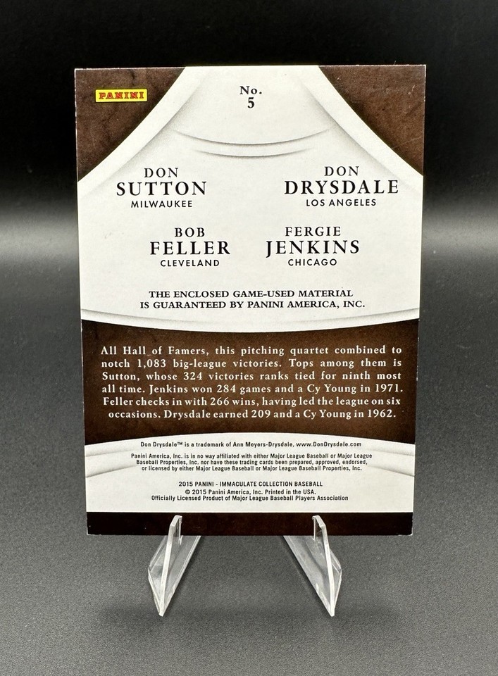2015 Immaculate Quad Relic Bob Feller Don Drysdale Sutton Fergie ...