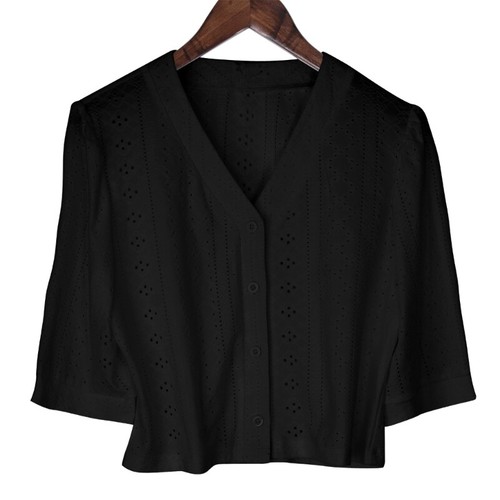 Womens Button Down Shrugs Puff Half Sleeve Hollow-Out Knit Crop ...