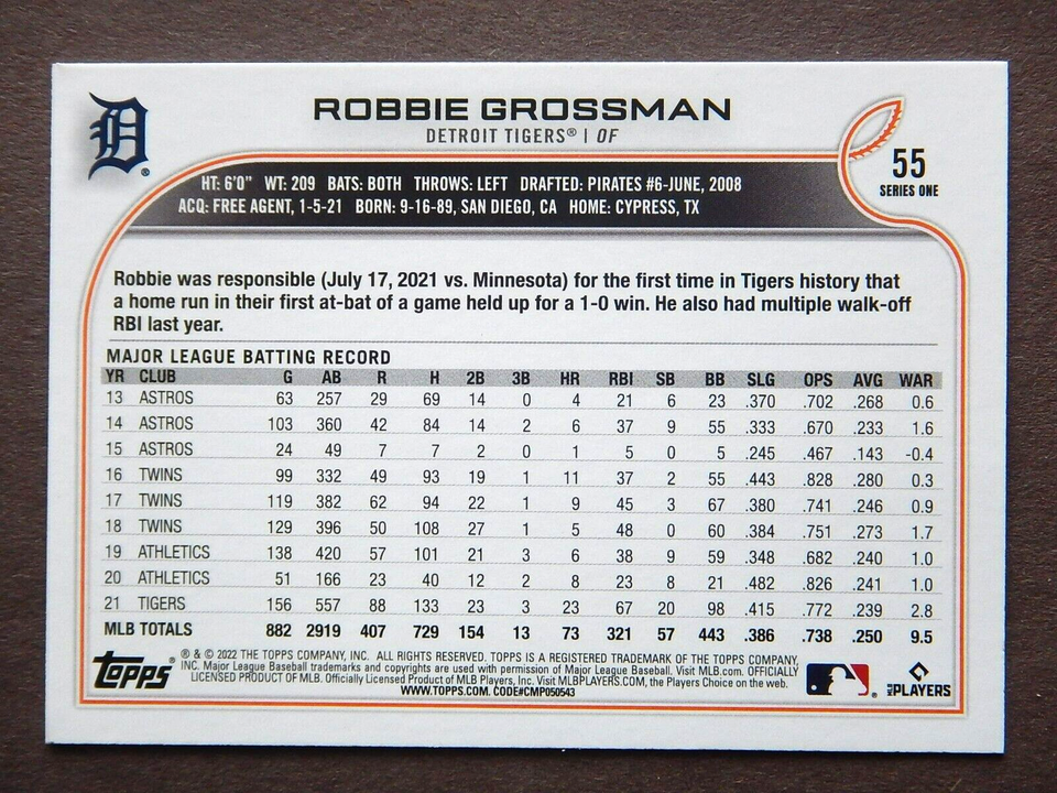 Robbie Grossman #55 Topps 2022 Baseball Card (Detroit Tigers) LN | eBay