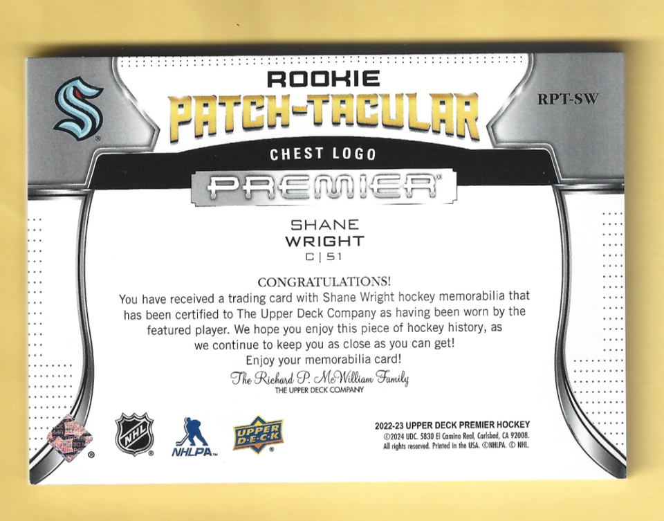 2022-23 UD PREMIER SHANE WRIGHT RC ROOKIE PATCH-TACULAR CHEST LOGO #22/ ...
