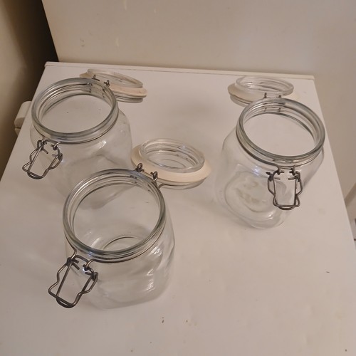 3 MASON JAR Clamp Lid Canisters WITH Black Metal Coffee Bar Display ...