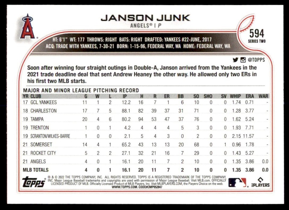 Janson Junk 2022 Topps Series 2 Rookie Card RC #594 Los Angeles Angels ...