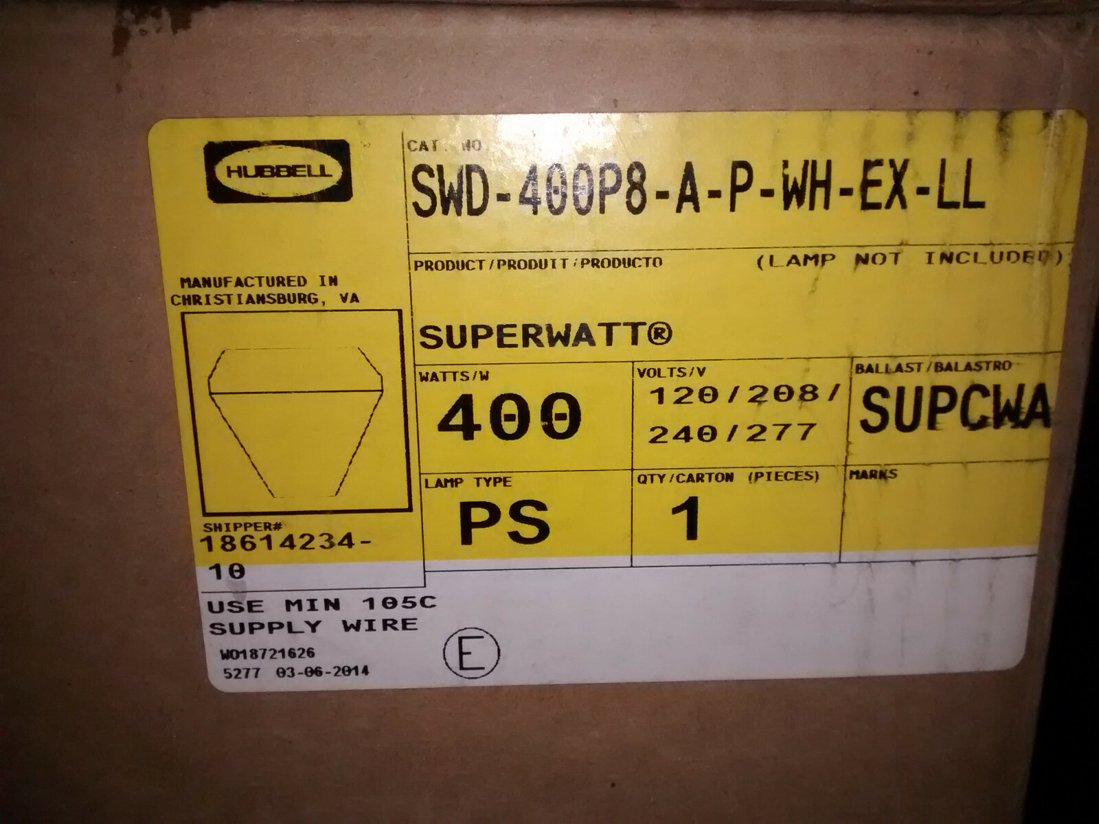 Hubbell Superwatt Pulse Start MH Fixture 400W High or Low Bay W/ LED ...