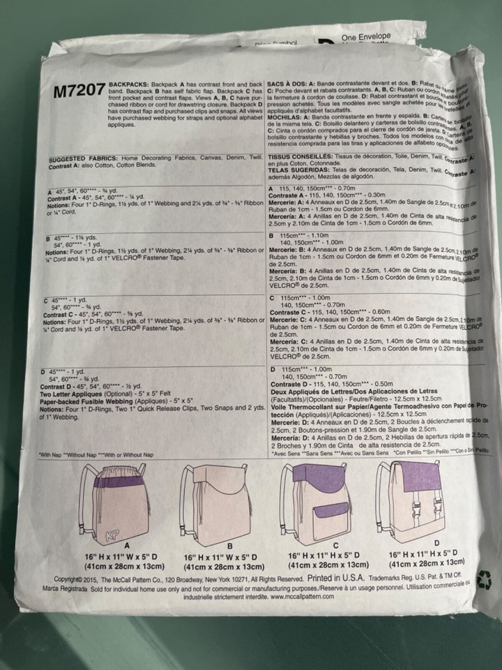 McCall pattern 7207-backpack multiple styles New uncut | eBay