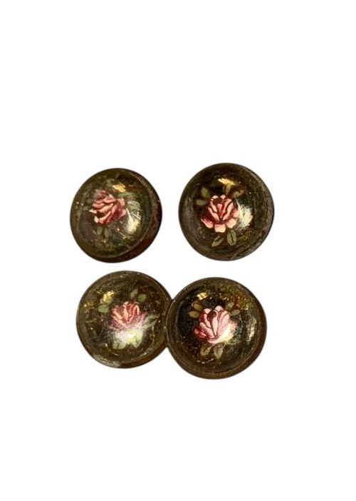 Antique Bubble Glass Dome Shank Button Painted Glitter Pink Flowers ...