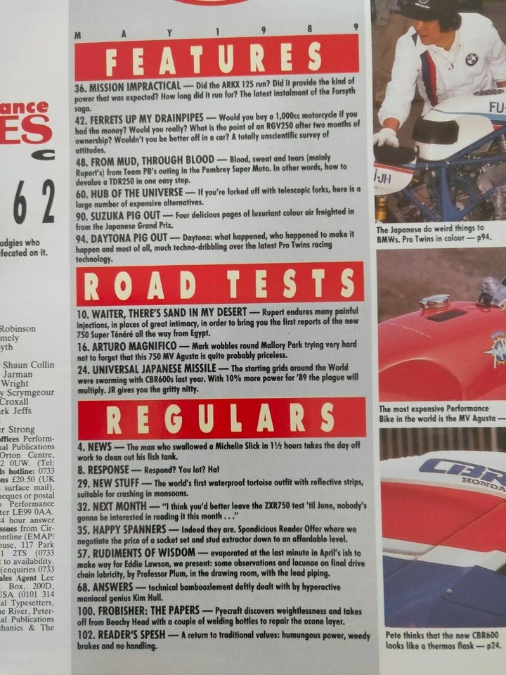 Performance Bikes Magazine May 1989 - MV Agusta, Honda CBR600, Super Tenere | eBay UK