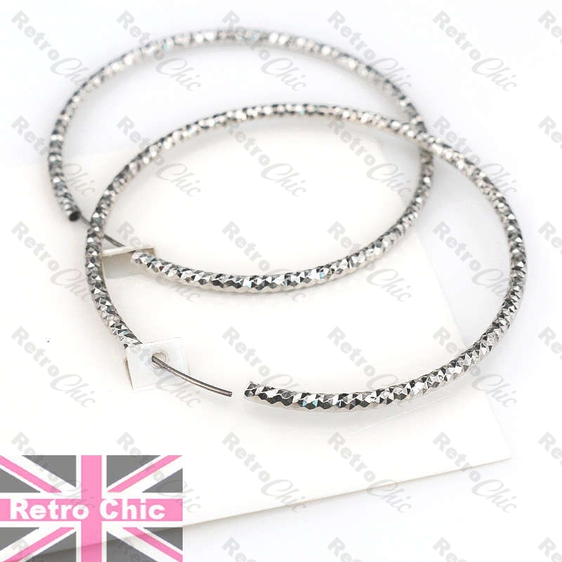 BIG 6cm DIAMOND CUT sparkly HOOPS GOLD/SILVER FASHION seamless hoop ...