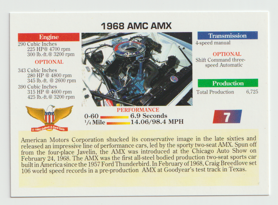 1992 Collect-A-Card Musclecars #7 1968 AMC AMX | eBay