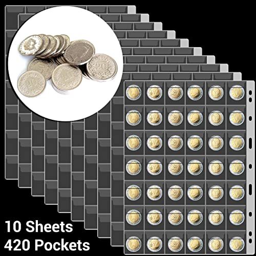 10 Sheets 420 Pocket Coin Collection Binder Pages Coin Holder Protector ...