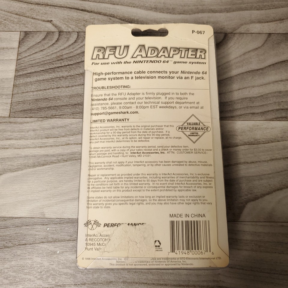 Nintendo N64 RFU Adapter, NEW IN PACKAGE Performance Brand 1996 ...