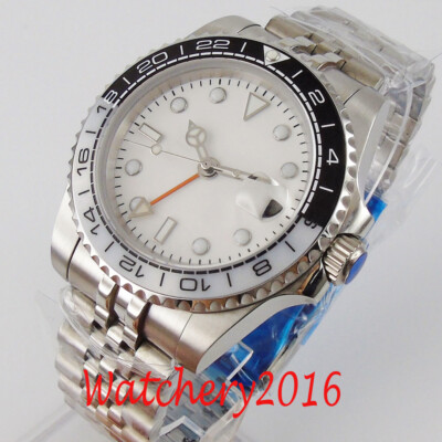 40mm GMT Automatic Men's Watch Luminous White Sterile Dial Sapphire ...