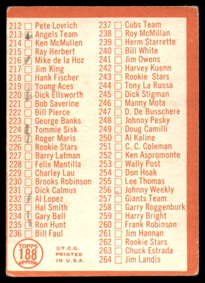 1964 Topps #188 Checklist 177-264 Very Good Marked | eBay