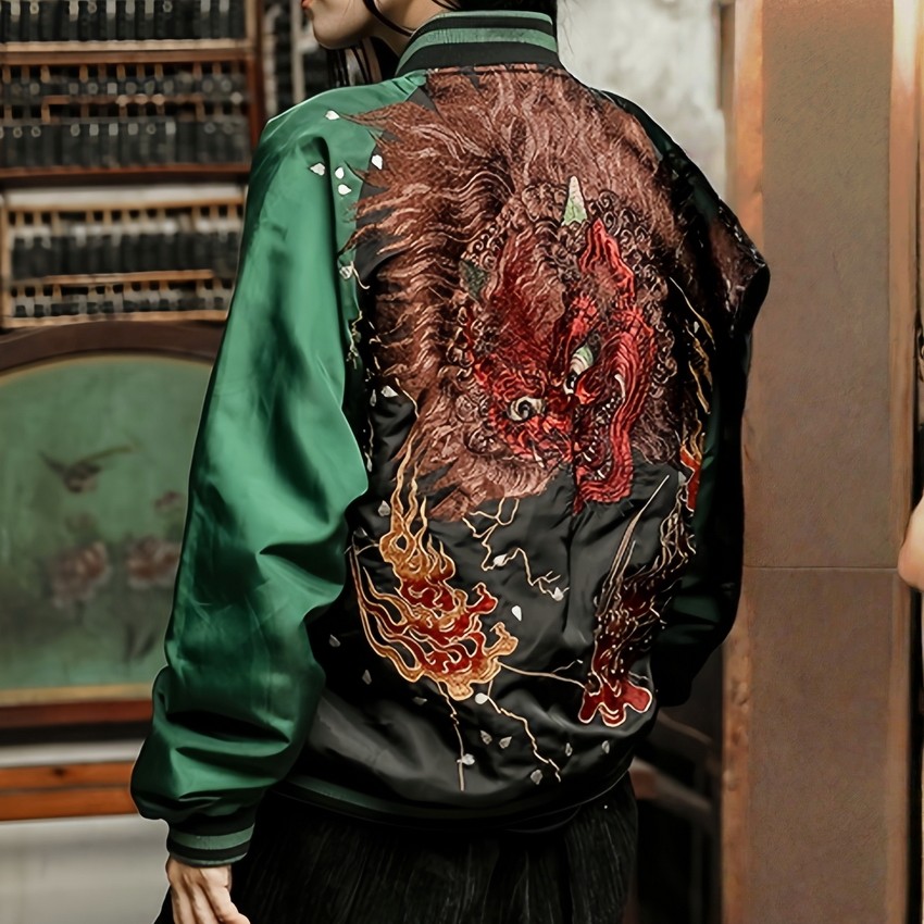 Mens Souvenir Jacket Japanese Yokai Oni Demon Embroidery Reversible Sukajan | eBay