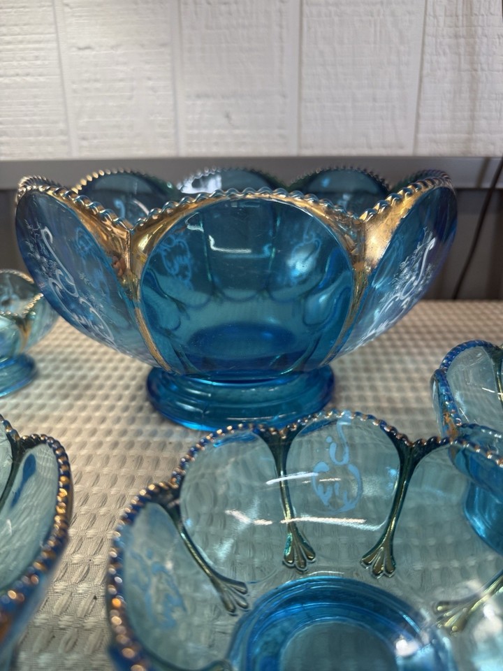 Antique Northwood Blue Opalescent Glass Berry Bowl Set, Gold Trim ...