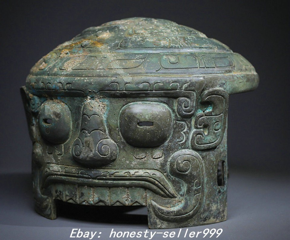 7.8" Shang Zhou Dynasty Bronze Ware Fengshui Beast Face Mask Helmet ...