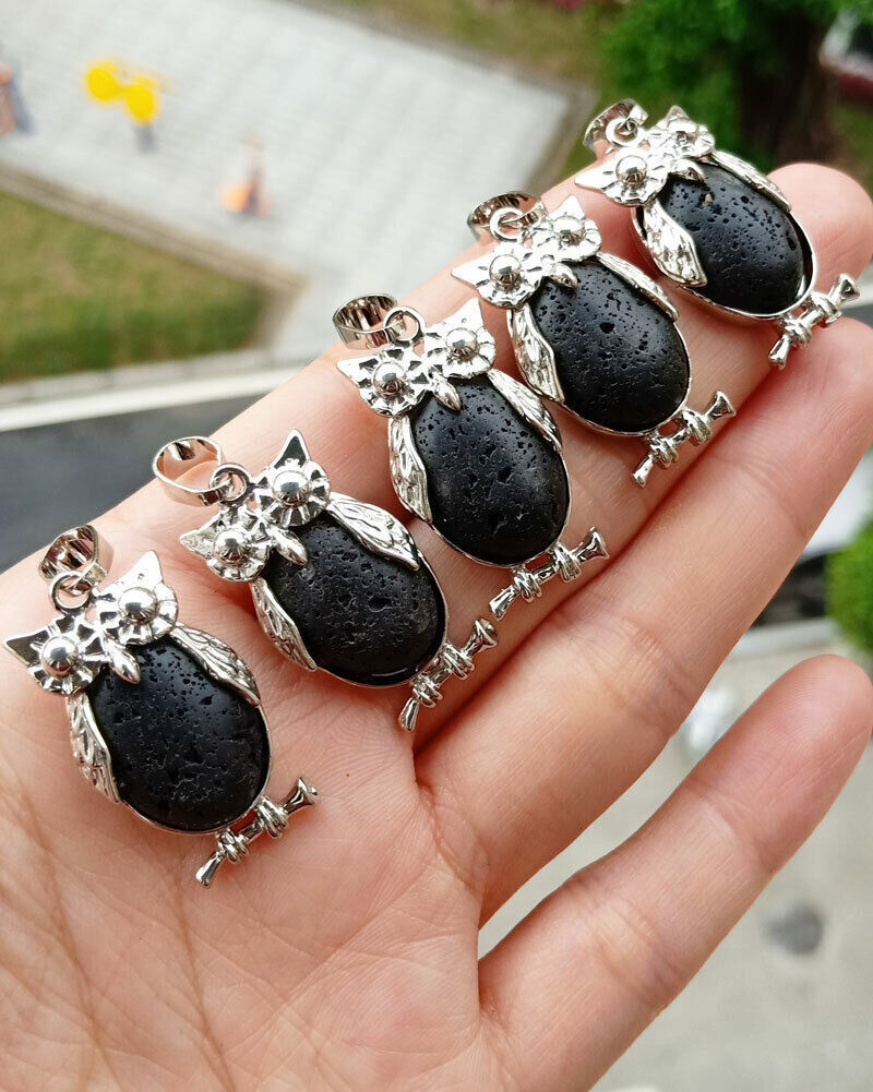 10pcs Volcano Lava Gems stone Owl Pendants Chakra Reiki Healing Amulet ...