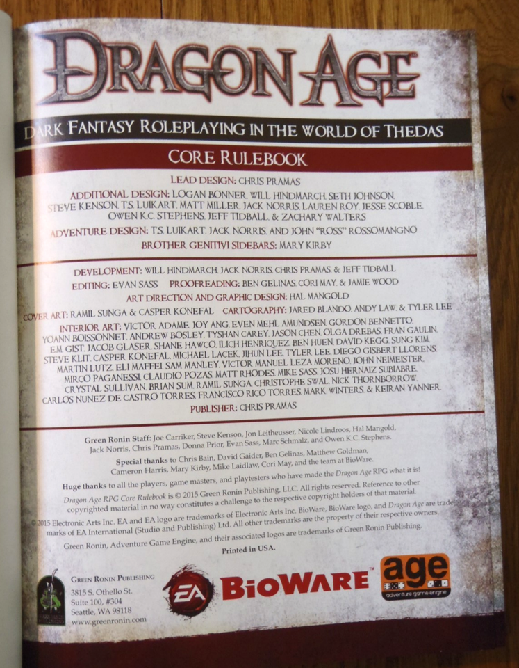 Dragon Age RPG Core Rulebook by Chris Pramas - 2015 Green Ronin ...