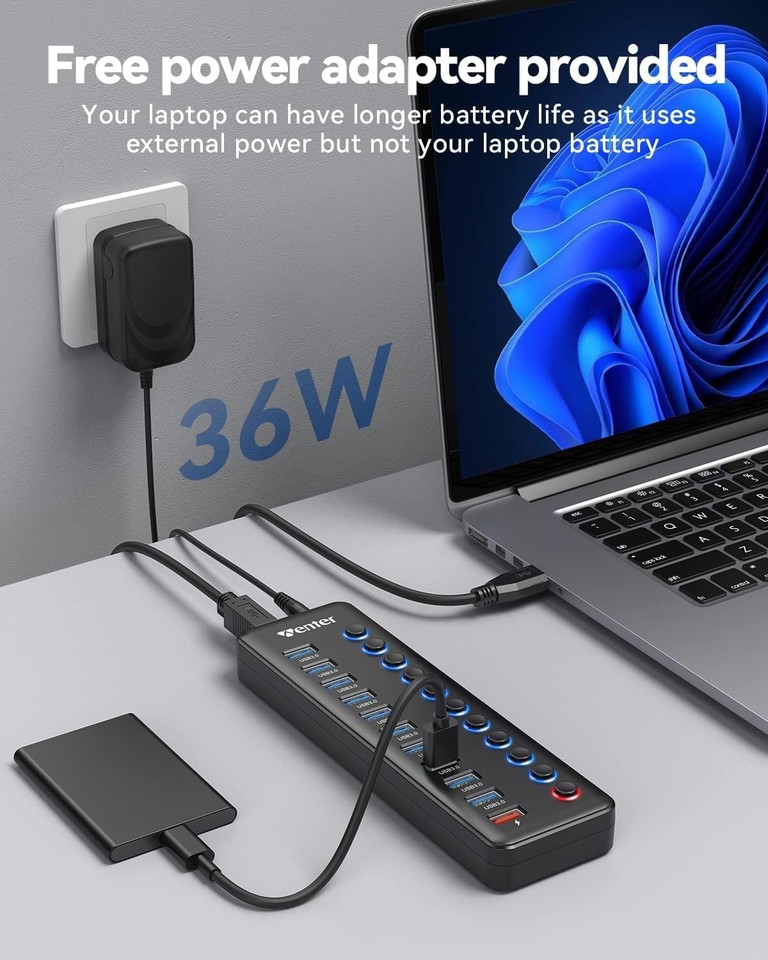 Powered USB Hub, Wenter 11-Port USB Splitter Hub 10 Faster Data ...