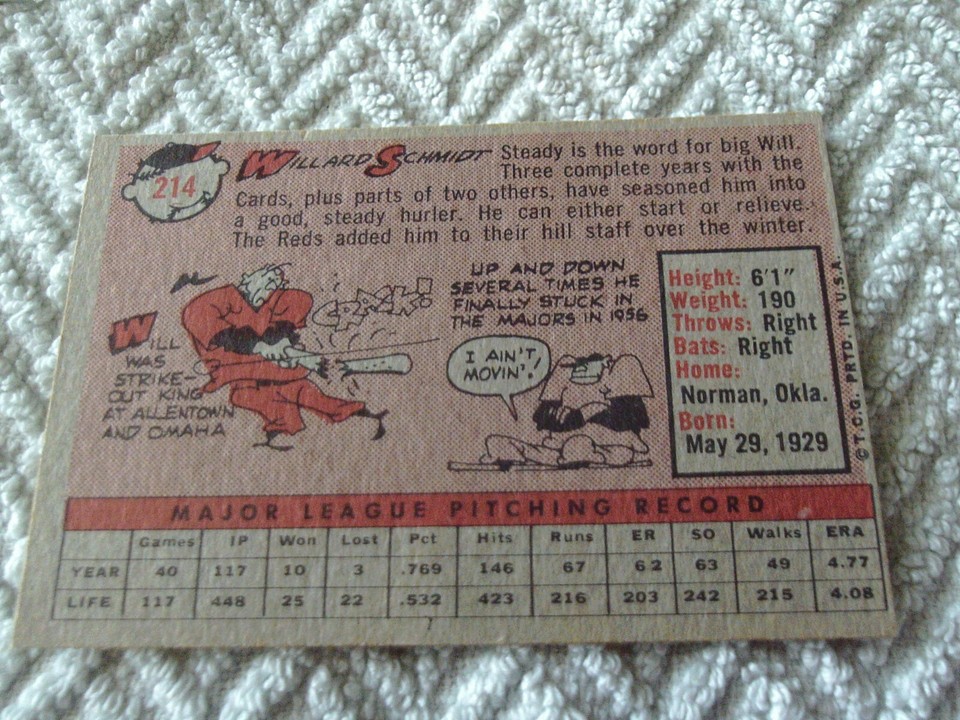 1958 TOPPS WILLARD SCHMIDT # 214 REDS NM / MINT OR BETTER !! | eBay