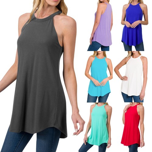Womens Long Halter Tank Top Casual Fashion Basic Tunic Blouse ...