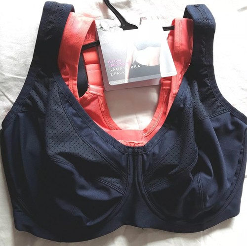 M & S Navy / Bright Coral 2 Pack Good Move High Impact Sports Bra BNWT ...