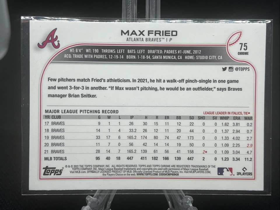 2022 Topps Chrome Sonic Black White Ray Wave Refractor Max Fried #75 | eBay