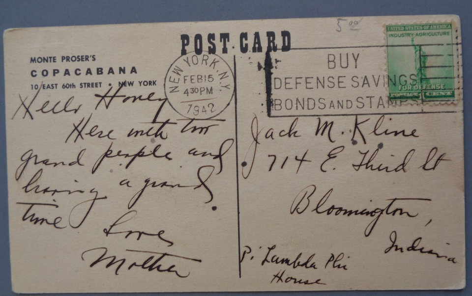 1942 Copacabana Postcard New York City with Phone Number Used Extremely ...