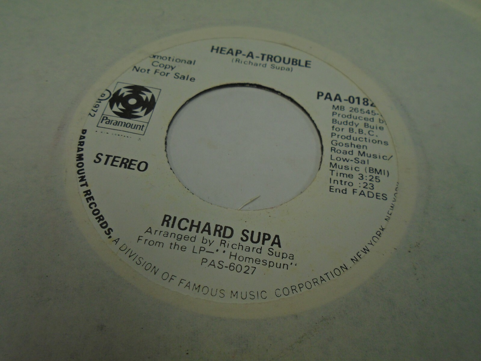 Richard Supa Heap A Trouble / Tracks of My Tears 45 rpm Paramount ...