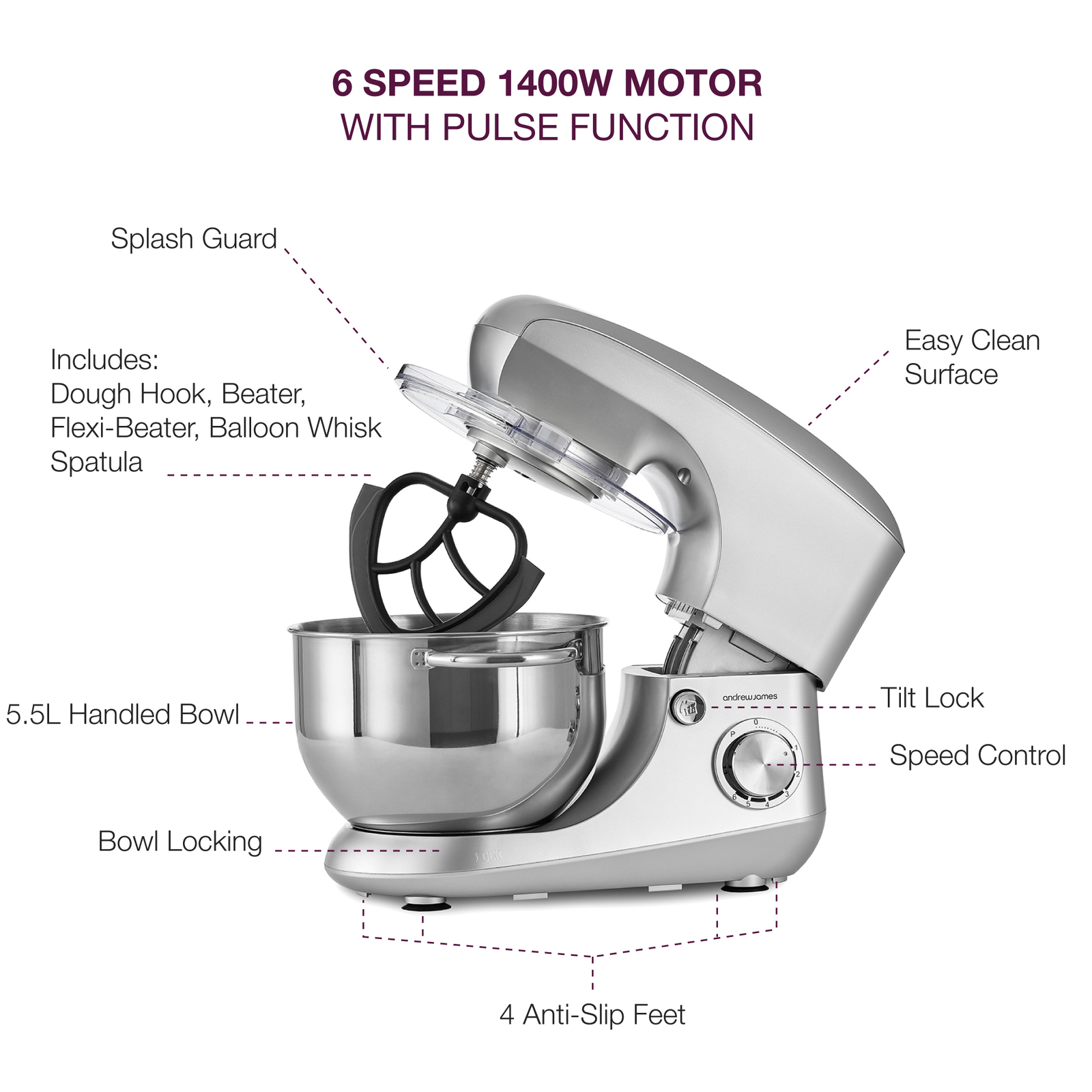 Food Stand Mixer Electric 5.5L 1400W 6 Speed With 4 Attachments & Bowl ...
