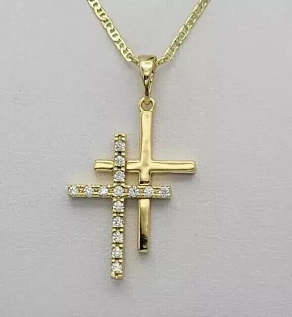 2Ct Round Cut Simulated Diamond Both Side Cross Pendant 14k Yellow Gold ...