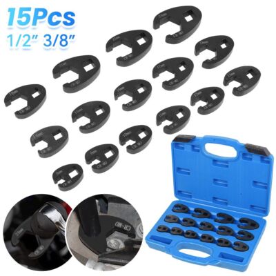 15pc Metric Crowfoot Wrench Set 8-24mm 3/8" 1/2" Sq Dr Large Crows Foot ...