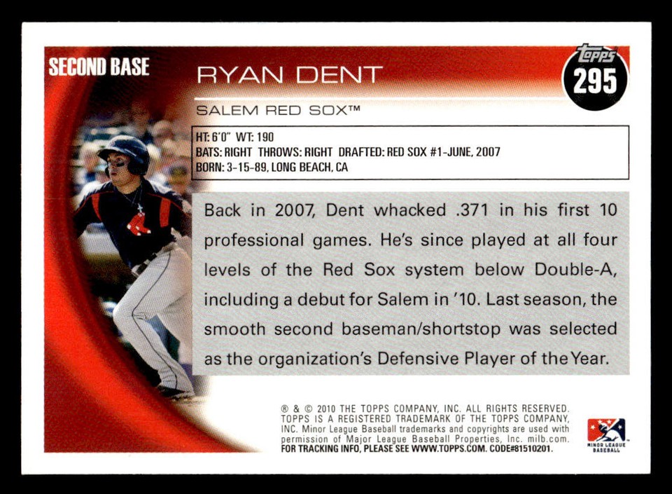 Ryan Dent signed auto 2010 Topps Pro Debut #295 Salem Red Sox | eBay