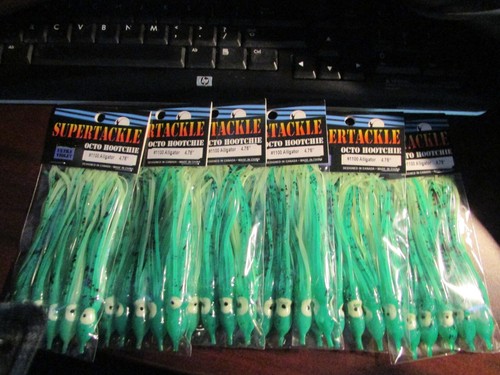 30Pc NEW Supertackle 4¾" Salmon Hoochies - Green Alligator - Glow Eyes ...
