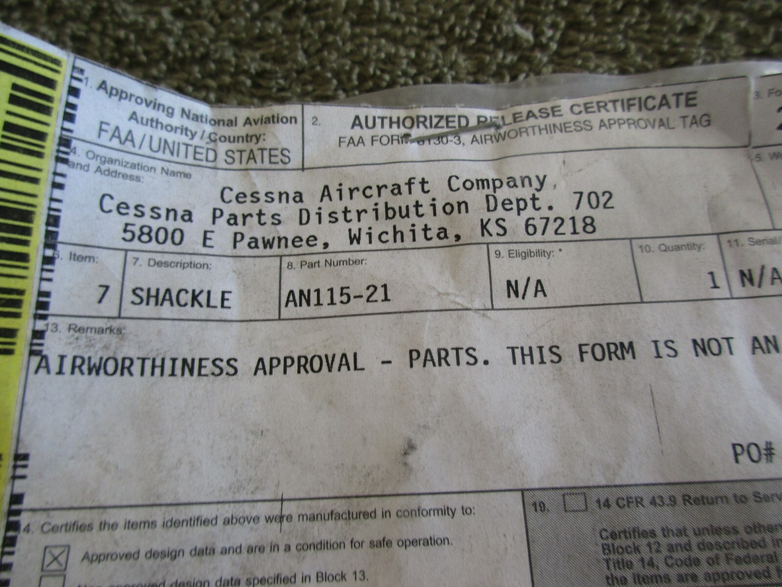 Cessna Aircraft Shackle, P/N AN115-21 (TA) New Surplus | eBay