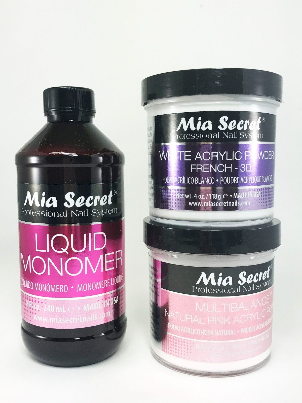 MIA SECRET LIQUID MONOMER 8oz & ACRYLIC POWDER 4 COLORS 4 / 8oz ...