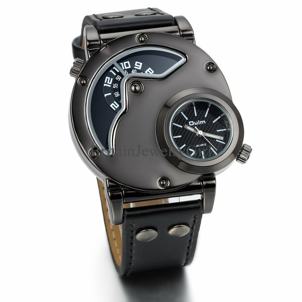 Military Army Style Men Dual Time Two Time Zone Sport Leather Analog ...