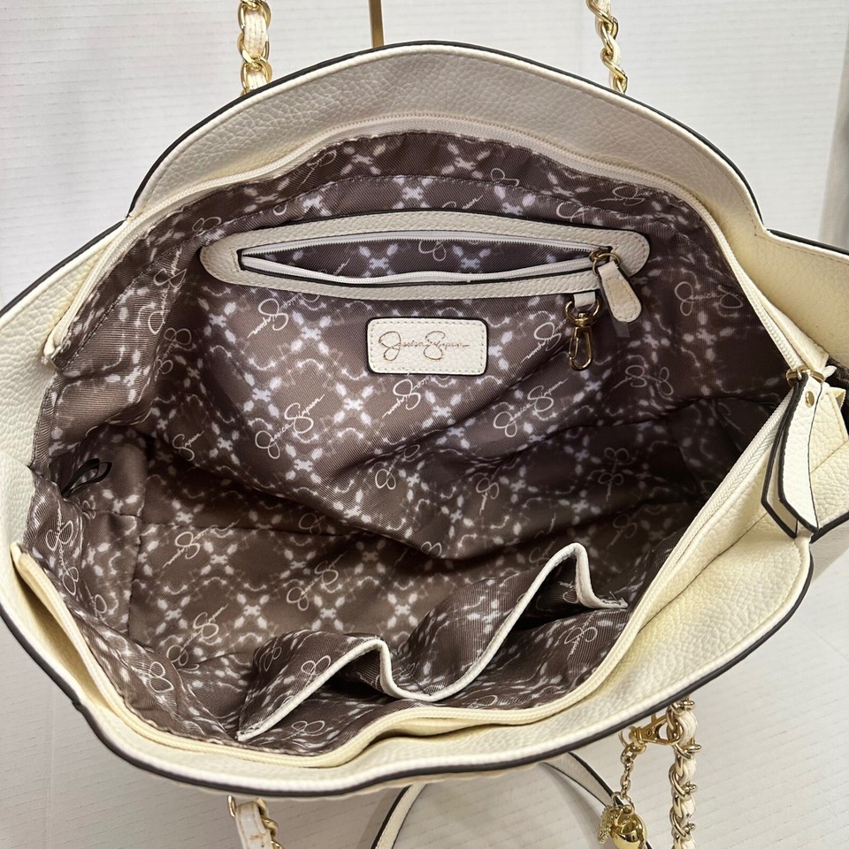 Jessica Simpson Tote Bag Straw Panel Chain Strap White Shoulder Bag ...