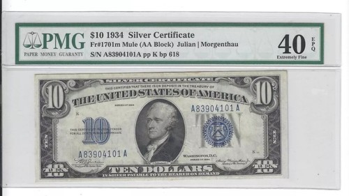 United States Paper Money $10 1934 Silver Certificate Mule Pmg 40 Epq ...