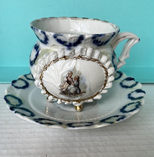 Rare Vintage Tea Cup & Saucer Cobalt Blue Gold Trim & Colonial Couple ...