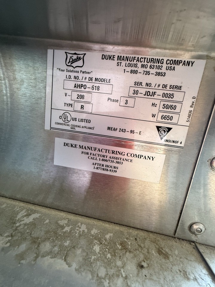 DUKE AHPO-618, PROOFER/CONVECTION OVEN 3 Phase 208volts | eBay