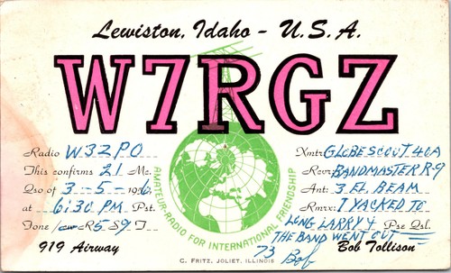 1956 W7RGZ Bob Tollison Lewiston Idaho Ham Radio Amateur QSL Card ...