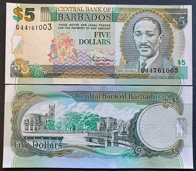 Barbados 5 Dollars 2000 P61 Banknote World Paper Money UNC Currency ...