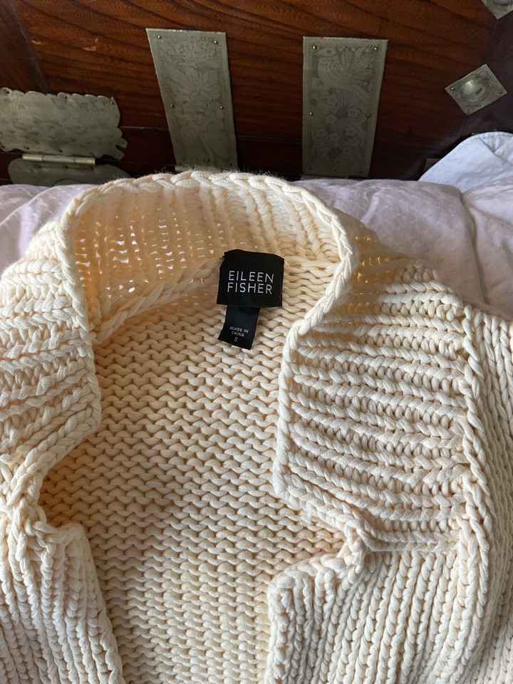 Eileen Fisher Chunky Cotton Rope Open Front Cardigan With Belt S IVORY ...