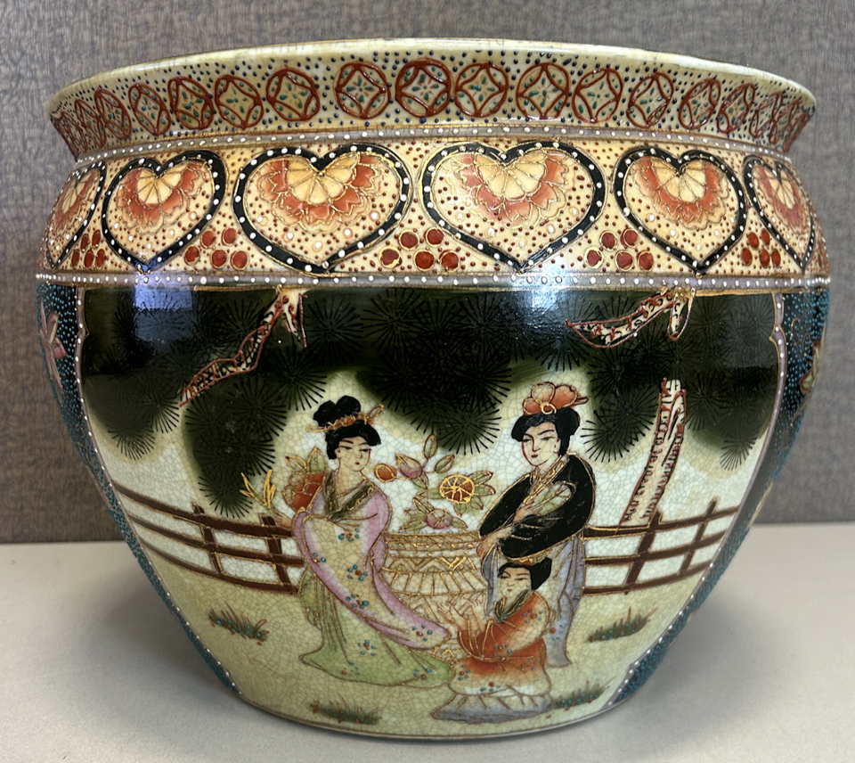 Vintage Japanese Kutani Satsuma Planter Pot Porcelain Enamel Geisha Koi ...