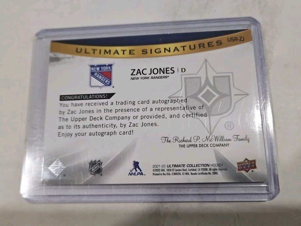 21-22 UD Ultimate Zac Jones Auto Signatures Rookies New York Rangers ...
