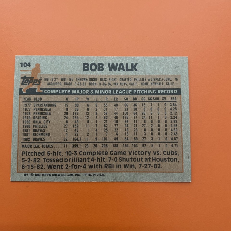 1983 TOPPS Baseball Card #104 *** BOB WALK *** Atlanta Braves NM | eBay