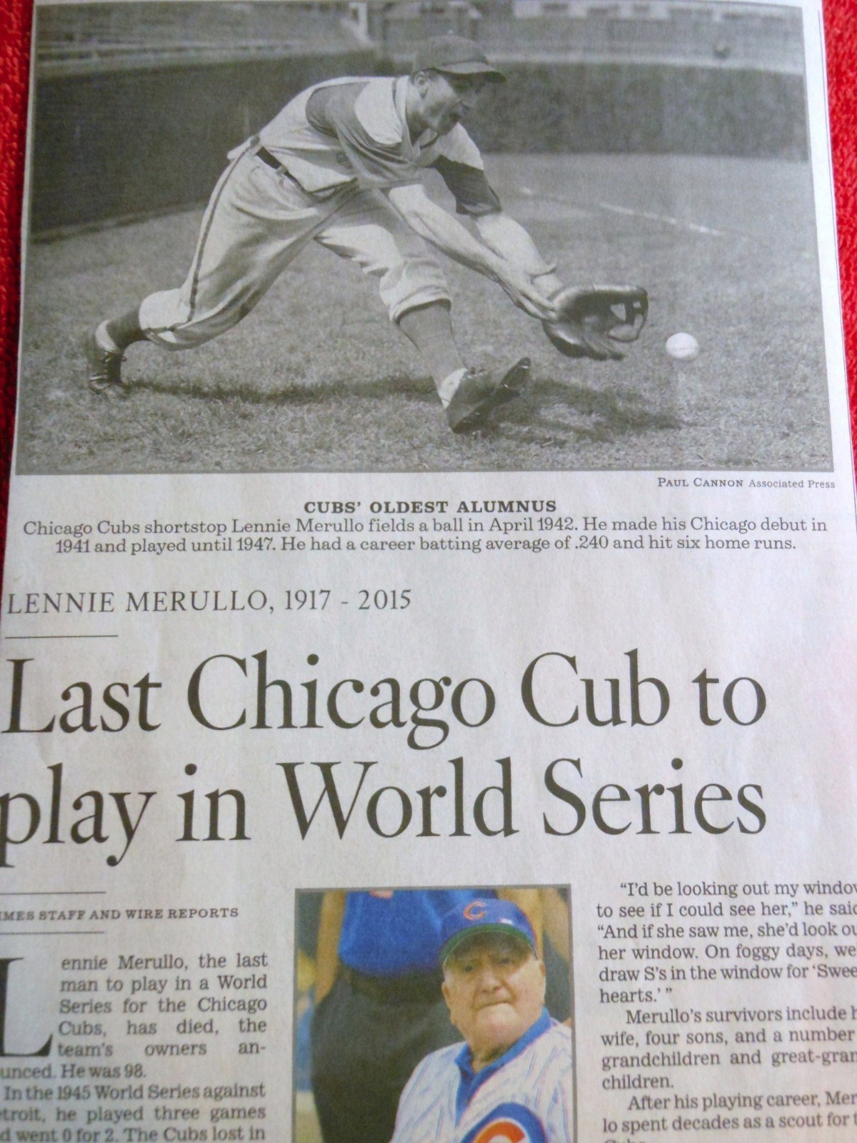 1917-2015 LENNIE MERULLO OBITUARY LAST CHICAGO CUB TO PLAY WORLD SERIES ...